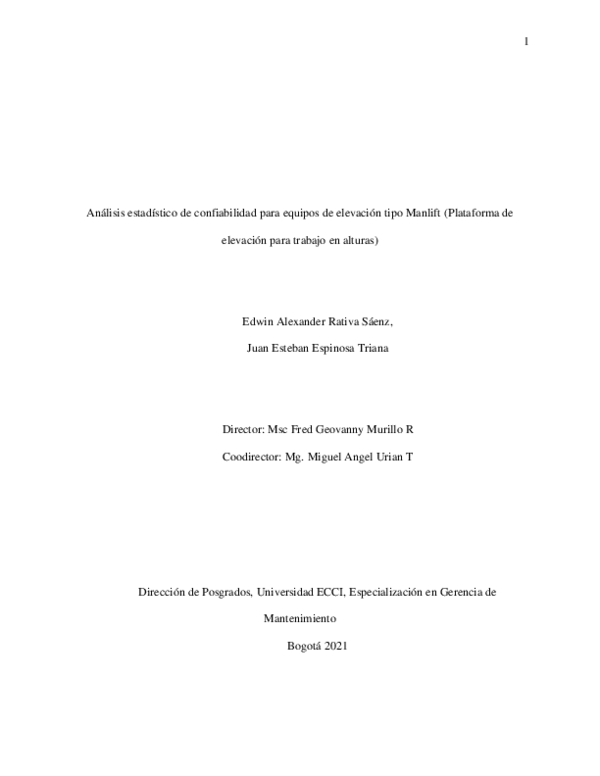 (PDF) Análisis estadístico de confiabilidad para equipos de elevación tipo Manlift (Plataforma ...