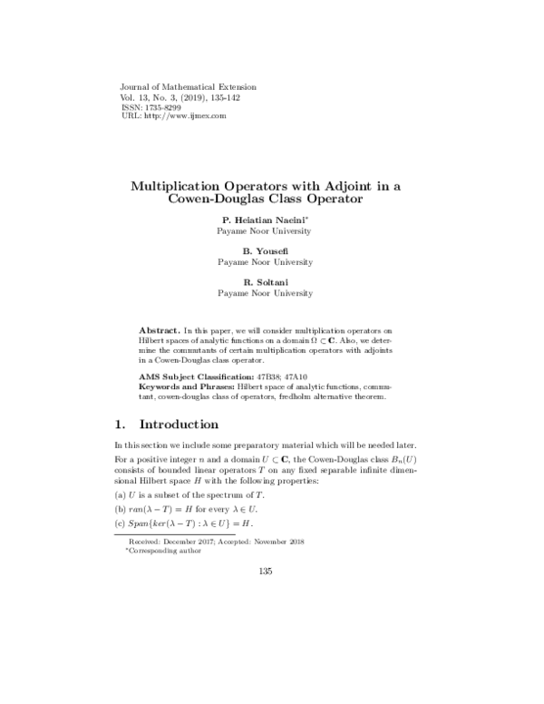(PDF) Multiplication Operators with Adjoint of Cowen-Douglas Class Operator