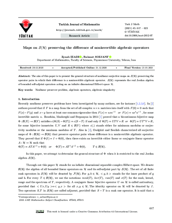 (PDF) Maps on S(H) preserving the difference of noninvertible algebraic operators | r Sol ...