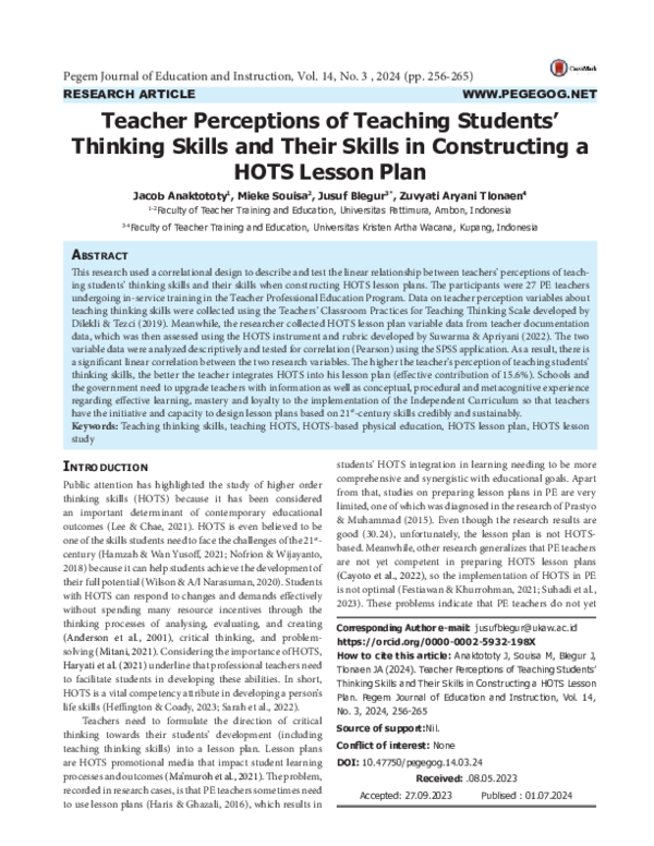 (PDF) TEACHER PERCEPTIONS OF TEACHING STUDENTS’ THINKING SKILLS AND THEIR SKILLS IN CONSTRUCTING ...