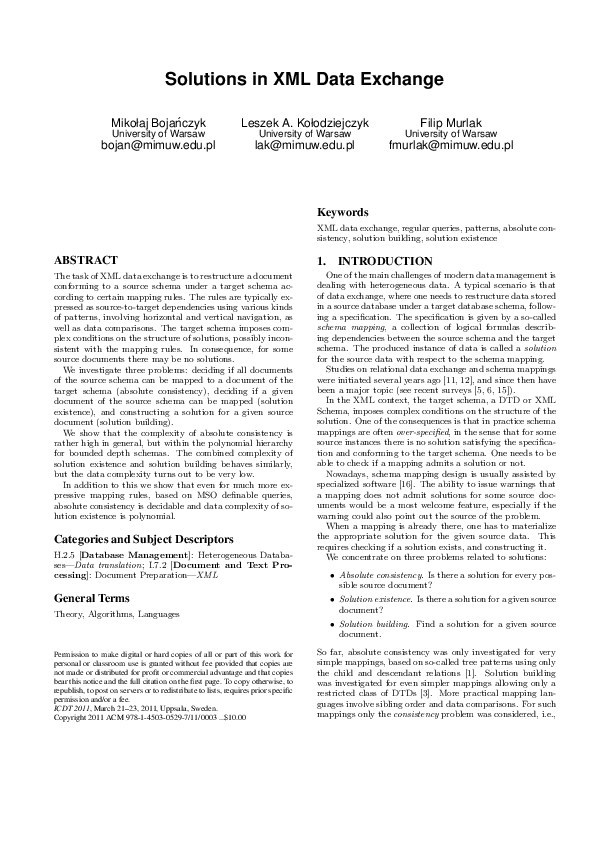 (PDF) Solutions in XML data exchange (PDF) Solutions in XML data exchange