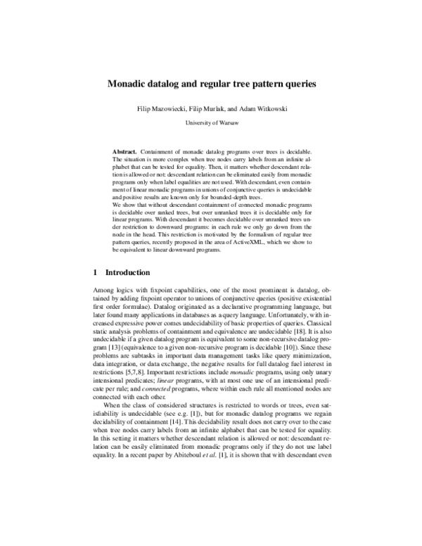 (PDF) Monadic Datalog and Regular Tree Pattern Queries