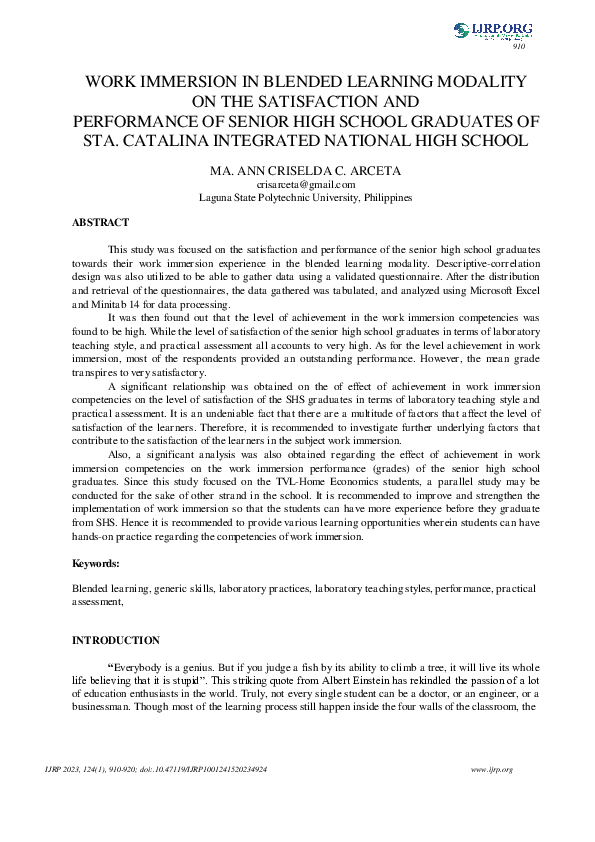 (PDF) Work Immersion in Blended Learning Modality on the Satisfaction and Performance of Senior ...
