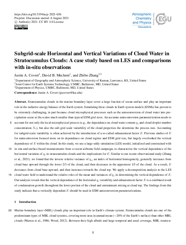 (PDF) Subgrid-scale Horizontal and Vertical Variations of Cloud Water in Stratocumulus Clouds: A ...