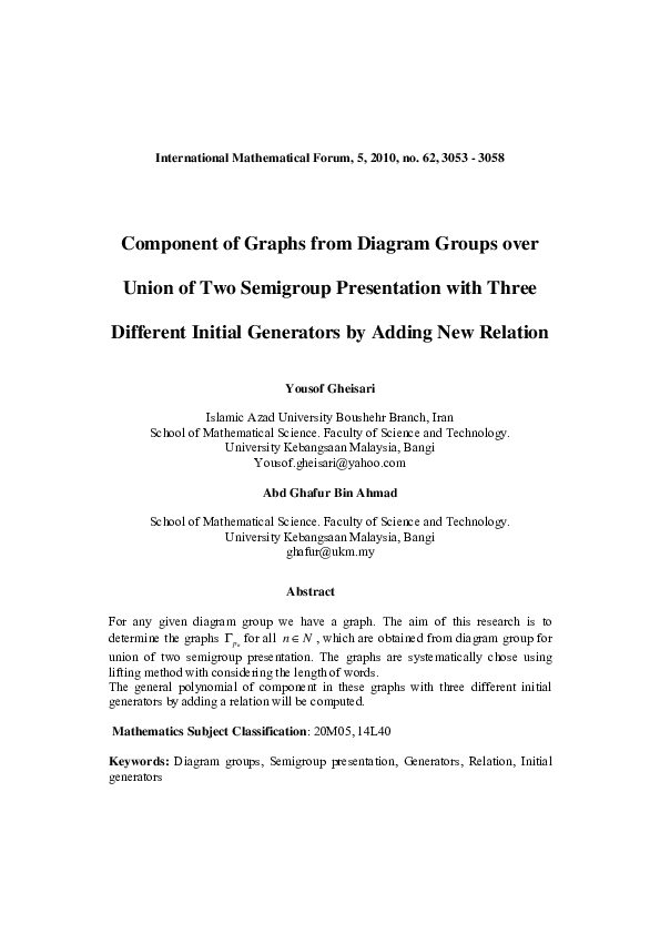 (PDF) Component of graphs from diagram groups over union of two semigroup presentation with ...