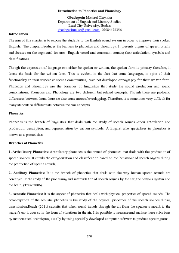 (PDF) Introduction to Phonetics and Phonology