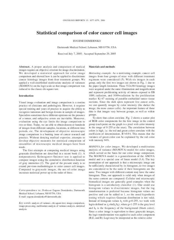 (PDF) Statistical comparison of color cancer cell images