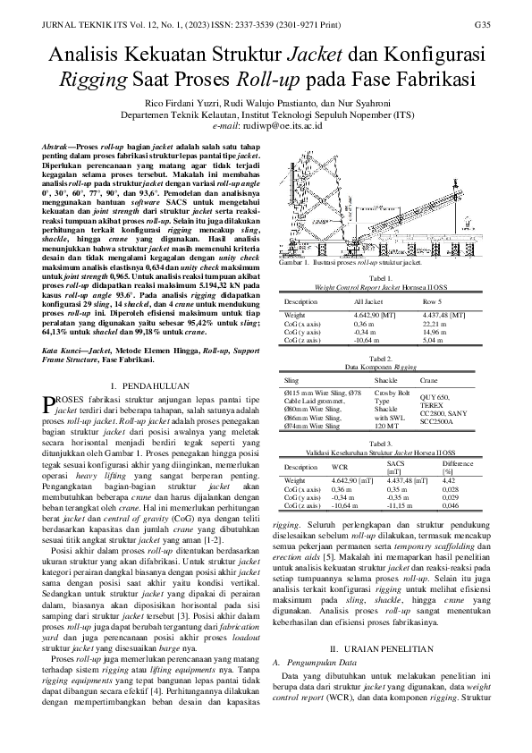 (PDF) Analisis Kekuatan Struktur Jacket dan Konfigurasi Rigging Saat Proses Roll-up pada Fase ...