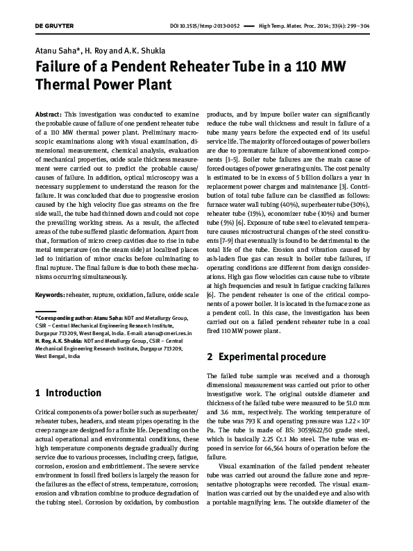 (PDF) Failure of a Pendent Reheater Tube in a 110 MW Thermal Power ...