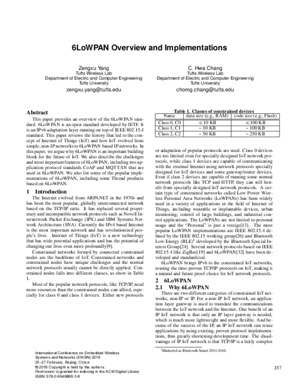 (PDF) 6LoWPAN Overview and Implementations