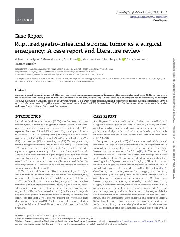 (PDF) Ruptured gastro-intestinal stromal tumor as a surgical emergency ...