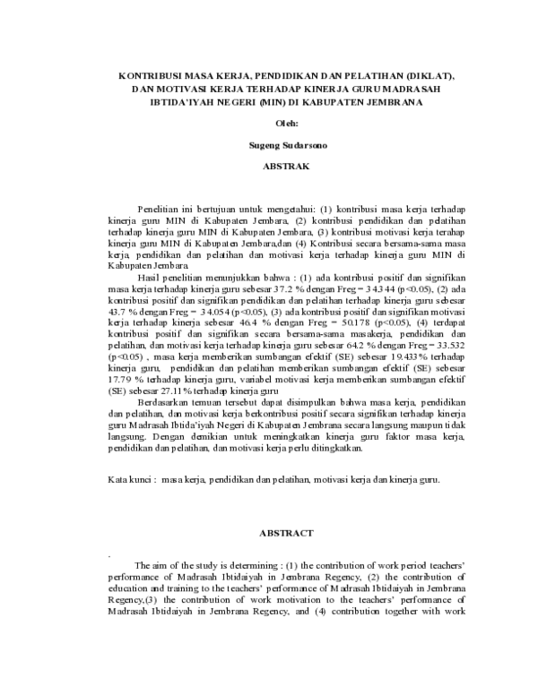 (PDF) Kontribusi Masa Kerja, Pendidikan Dan Pelatihan (Diklat), Dan Motivasi Kerja Terhadap ...