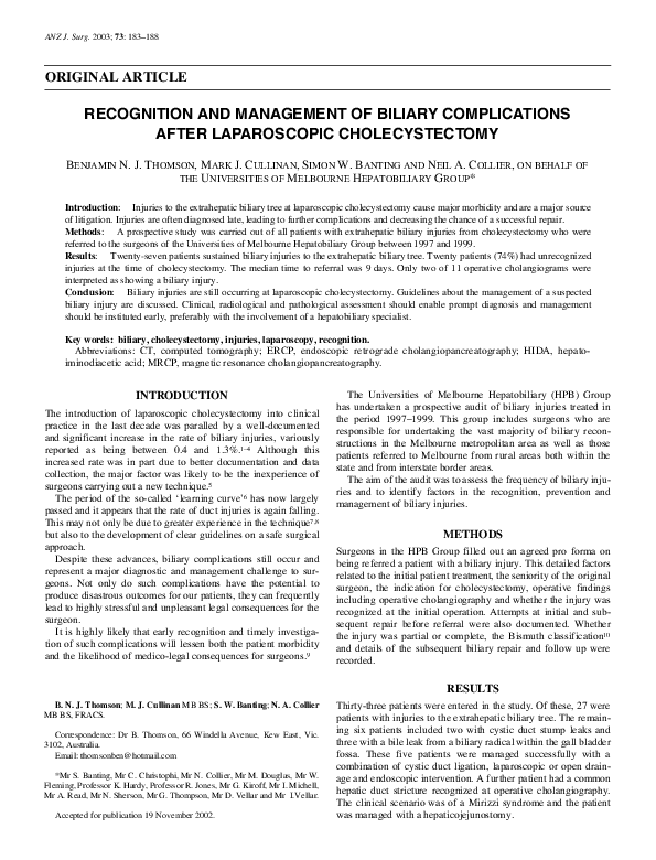 (PDF) Recognition and management of biliary complications after laparoscopic cholecystectomy ...
