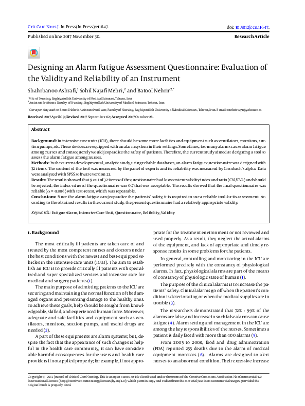 (PDF) Designing an Alarm Fatigue Assessment Questionnaire: Evaluation of the Validity and ...