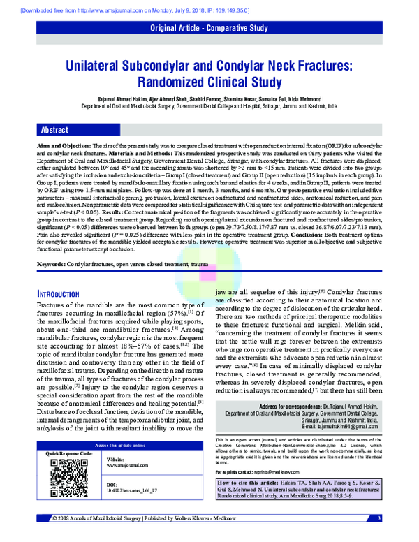 (PDF) Unilateral Subcondylar and Condylar Neck Fractures: Randomized ...