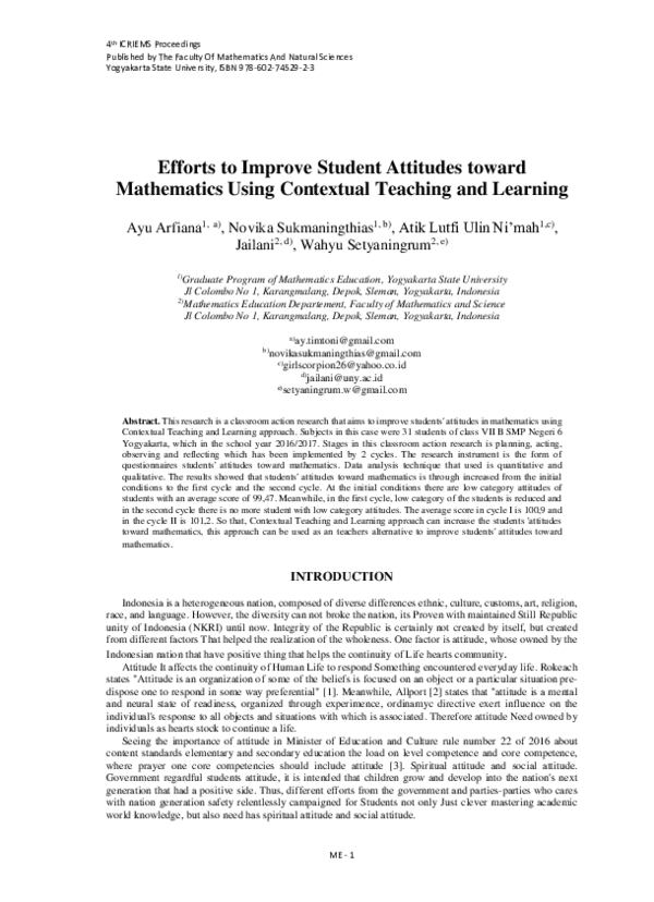 (PDF) Efforts to Improve Student Attitudes toward Mathematics Using ...