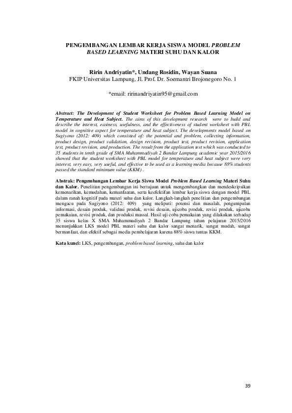 (PDF) Pengembangan Lembar Kerja Siswa Model Problem Based Learning Materi Suhu Dan Kalor