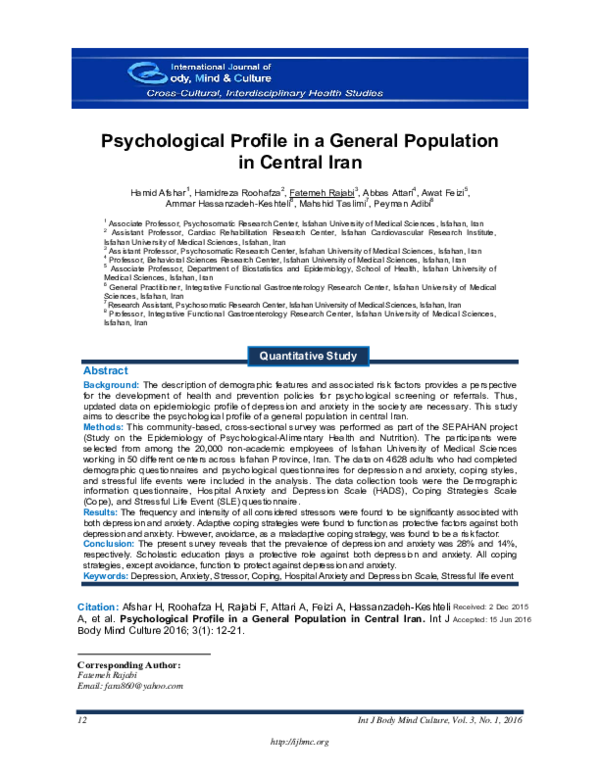 (PDF) Psychological Profile in a General Population in Central Part of Iran