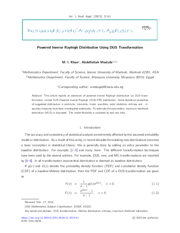 (PDF) Powered Inverse Rayleigh Distribution Using DUS Transformation