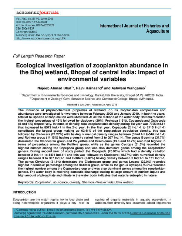 (PDF) Ecological investigation of zooplankton abundance in the Bhoj ...