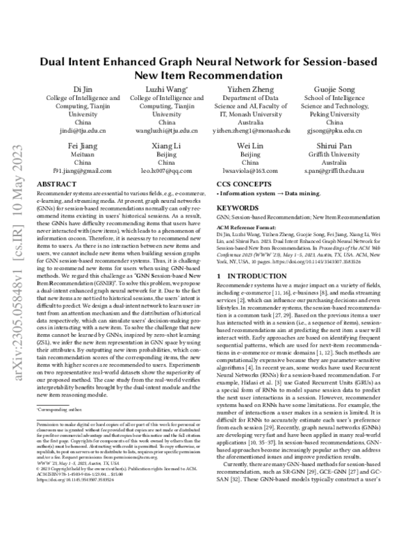 (PDF) Dual Intent Enhanced Graph Neural Network for Session-based New Item Recommendation
