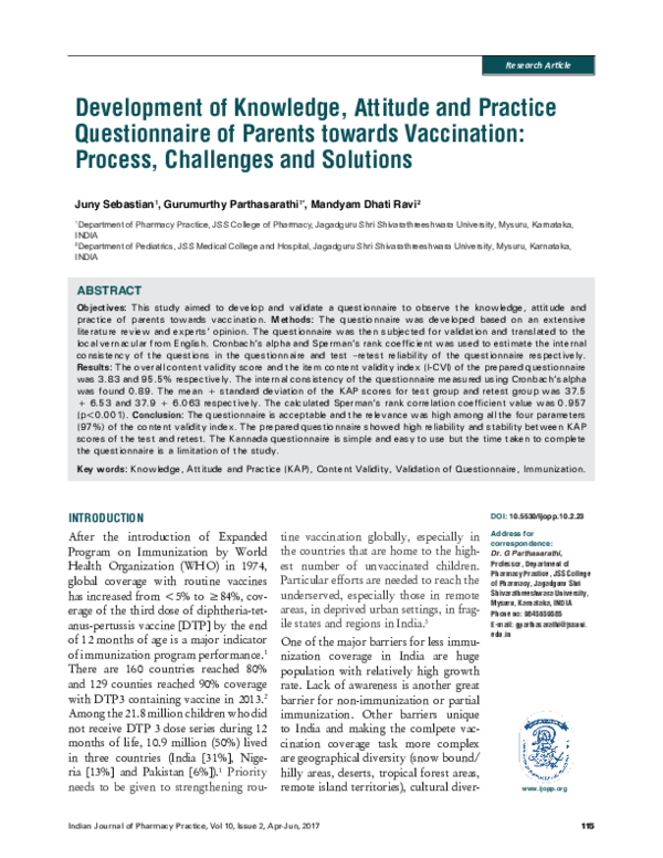 (PDF) Development of Knowledge, Attitude and Practice Questionnaire of Parents towards ...