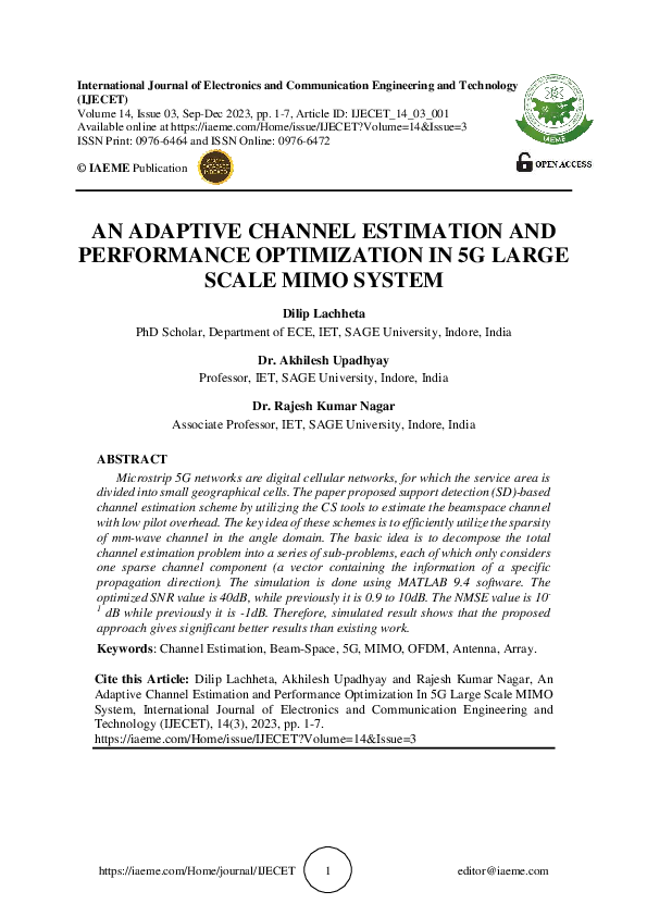 (PDF) AN ADAPTIVE CHANNEL ESTIMATION AND PERFORMANCE OPTIMIZATION IN 5G LARGE SCALE MIMO SYSTEM