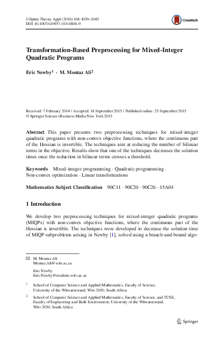 (PDF) Transformation-Based Preprocessing for Mixed-Integer Quadratic ...