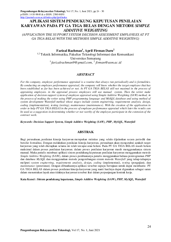 (PDF) Aplikasi Sistem Pendukung Keputusan Penilaian Karyawan Pada PT Ga Tiga Belas Dengan Metode ...