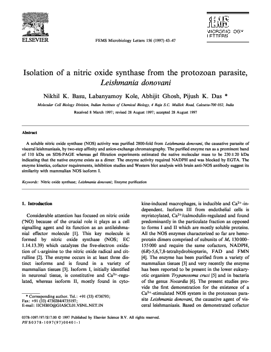 (PDF) Isolation of a nitric oxide synthase from the protozoan parasite