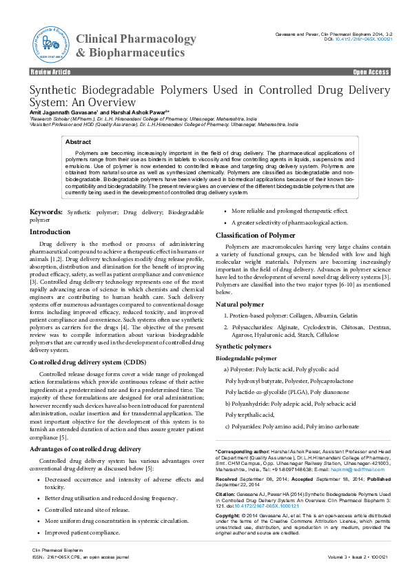 (PDF) Synthetic Biodegradable Polymers Used in Controlled Drug Delivery System: An Overview