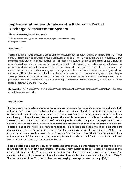 (PDF) Implementation and Analysis of a Reference Partial Discharge Measurement System | Ahmet ...