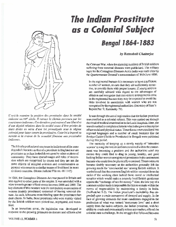 (PDF) The Indian Prostitute as a Colonial Subject: Bengal 1864-1883