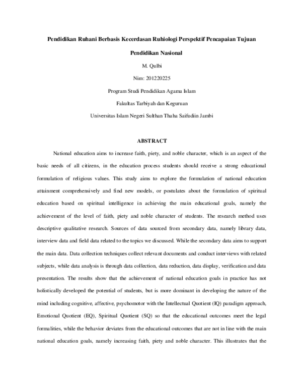 (PDF) Pendidikan Ruhani Berbasis Kecerdasan Ruhiologi Perspektif Pencapaian Tujuan Pendidikan ...