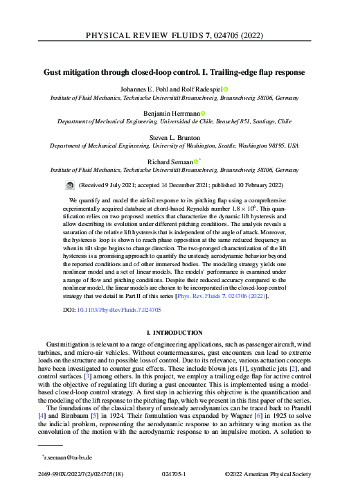 (PDF) Gust mitigation through closed-loop control. I. Trailing-edge flap response