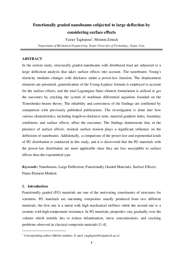 Pdf Functionally Graded Nanobeams Subjected To Large Deflection By Considering Surface Effects