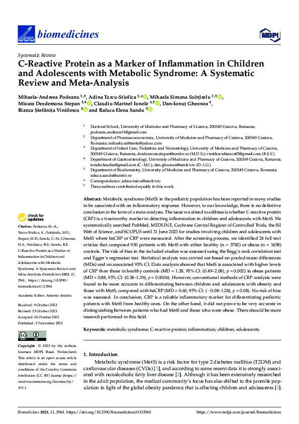 (PDF) C-Reactive Protein as a Marker of Inflammation in Children and Adolescents with Metabolic ...