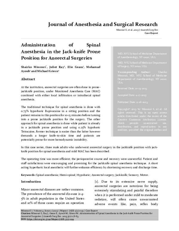 (PDF) Administration of Spinal Anesthesia in the Jack-knife Prone ...