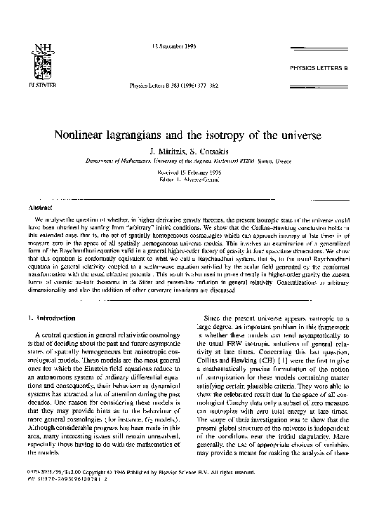 (PDF) Nonlinear lagrangians and the isotropy of the universe
