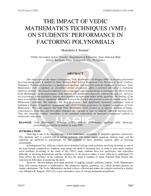 (PDF) THE IMPACT OF VEDIC MATHEMATICS TECHNIQUES (VMT) ON STUDENTS ...