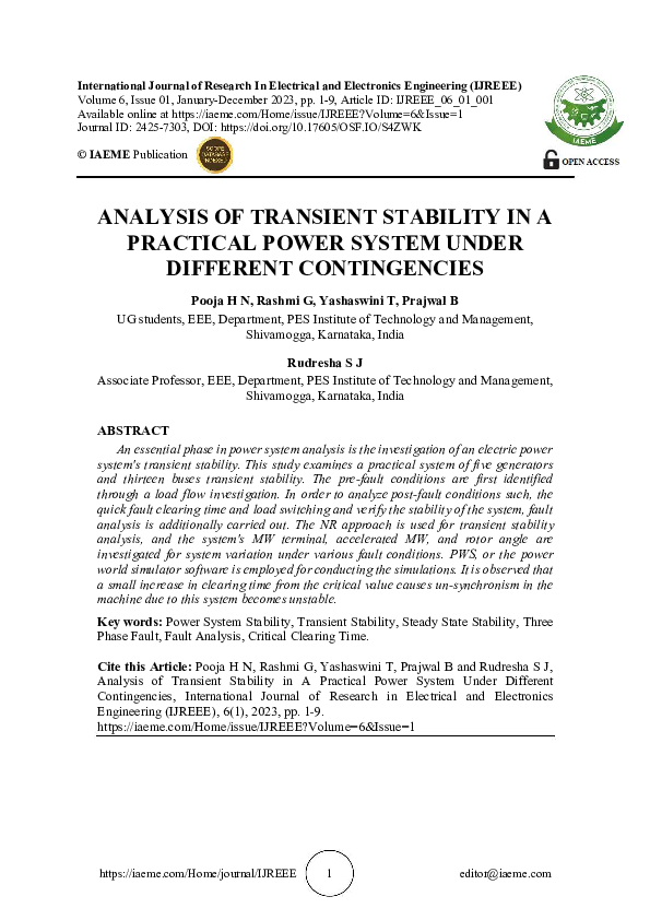 (PDF) ANALYSIS OF TRANSIENT STABILITY IN A PRACTICAL POWER SYSTEM UNDER DIFFERENT CONTINGENCIES