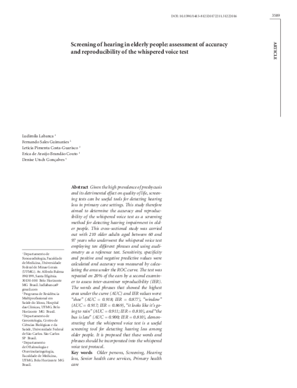 (PDF) Screening of hearing in elderly people: assessment of accuracy ...