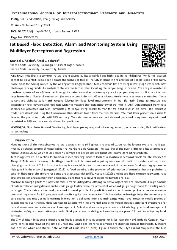 Pdf Iot Based Flood Detection Alarm And Monitoring System Using Multilayer Perceptron And