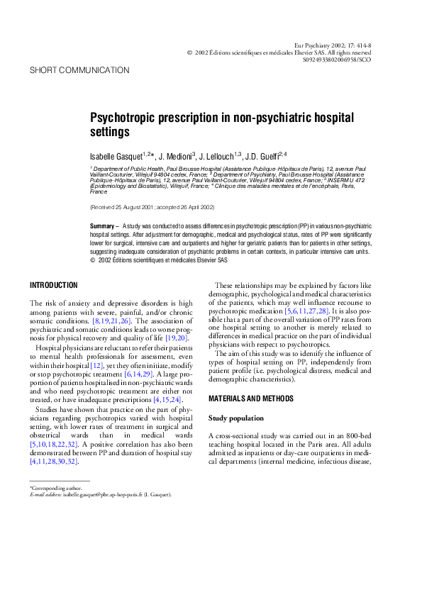 (PDF) Psychotropic prescription in non-psychiatric hospital settings