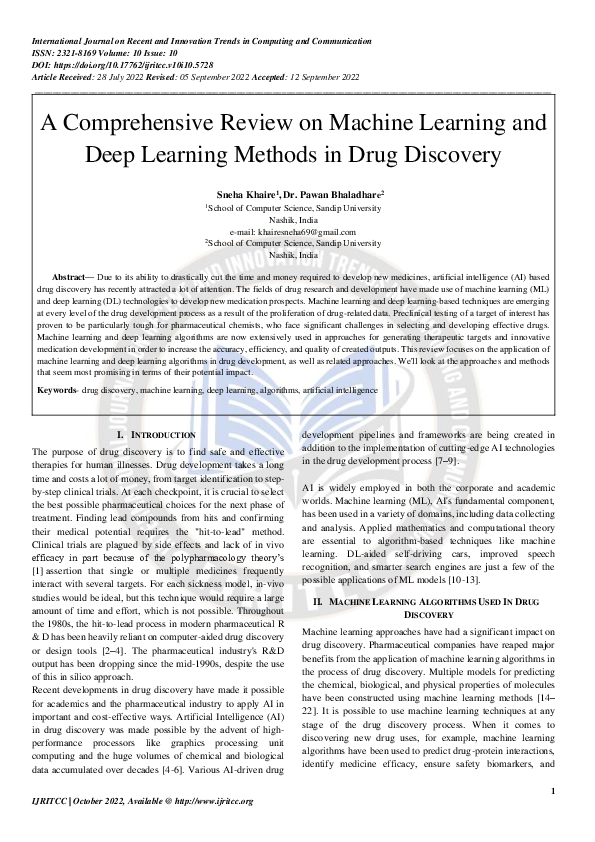 (PDF) A Comprehensive Review on Machine Learning and Deep Learning Methods in Drug Discovery