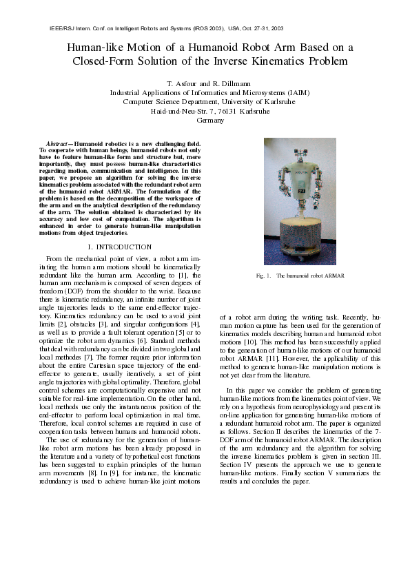 (PDF) Human-like motion of a humanoid robot arm based on a closed-form solution of the inverse ...