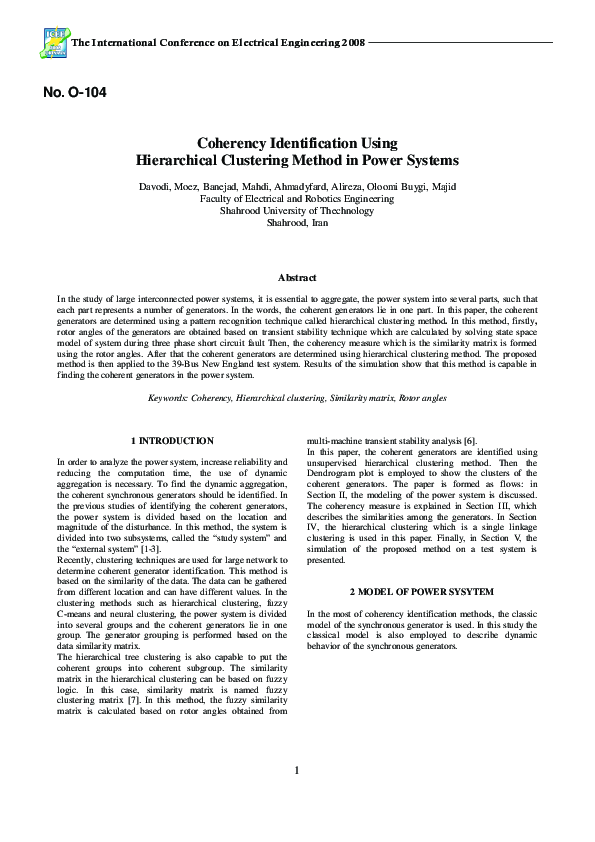 (PDF) Coherency Identification Using Hierarchical ClusteringMethod in Power Systems
