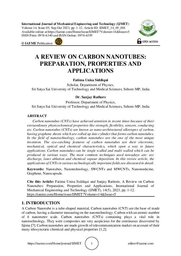 (PDF) A REVIEW ON CARBON NANOTUBES: PREPARATION, PROPERTIES AND APPLICATIONS