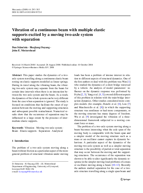 (PDF) Vibration of a continuous beam with multiple elastic supports excited by a moving two-axle ...