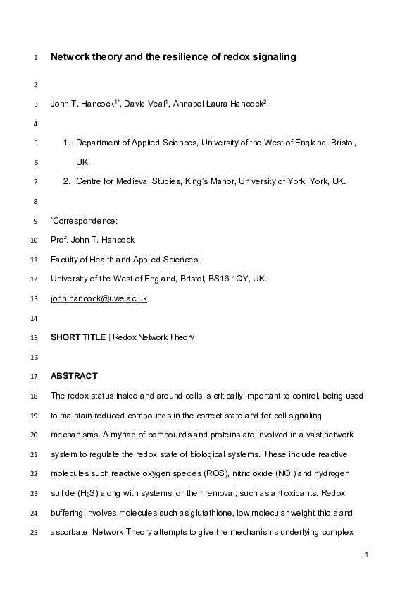 (PDF) Network Theory and the Resilience of Redox Signaling